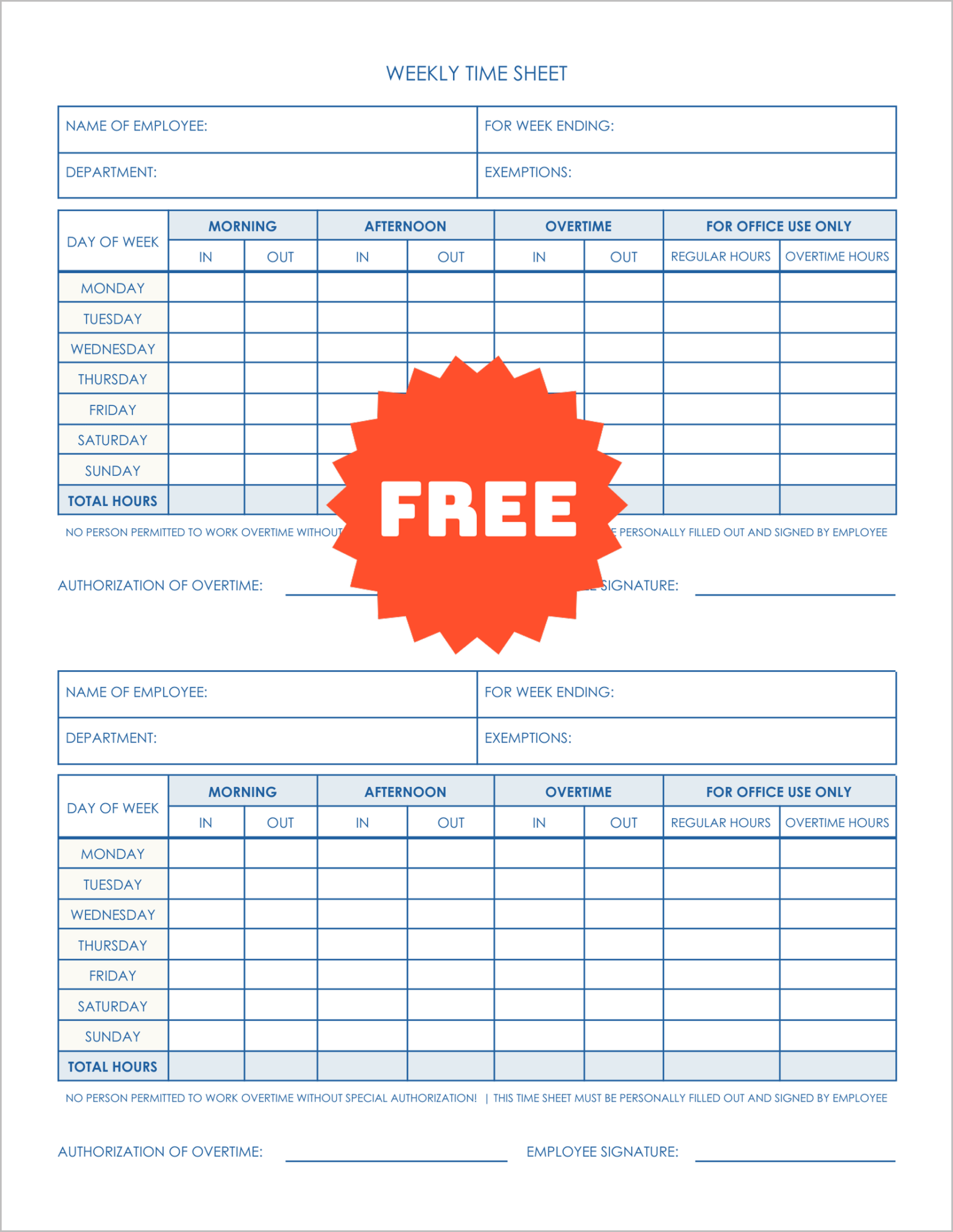 Free Printable Weekly Employee Time Sheet Logs